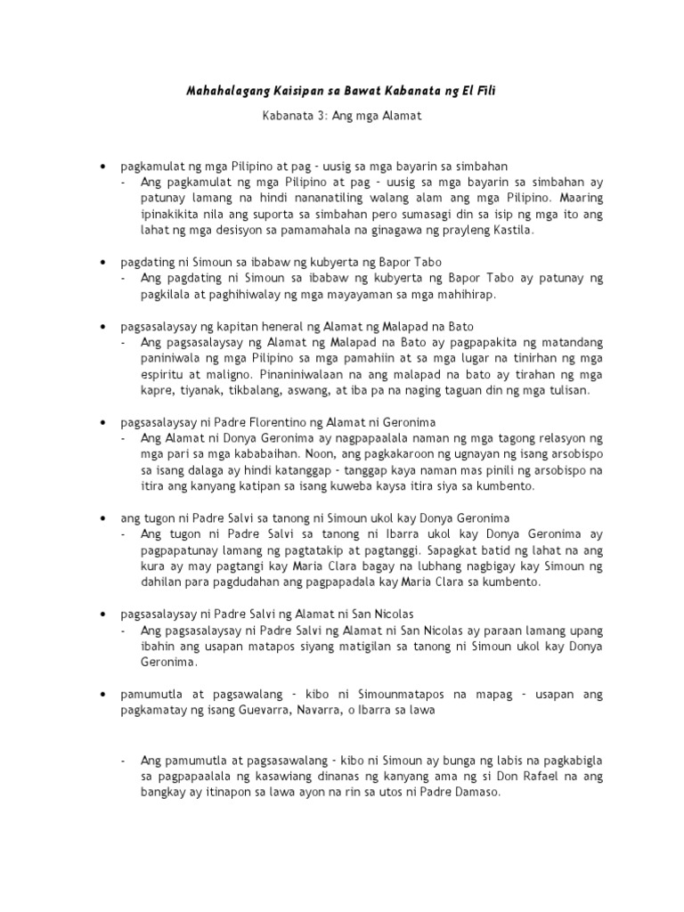 Mahahalagang Kaisipan Sa Bawat Kabanata NG El Fili | PDF Mahahalagang Kaisipan Sa Bawat Kabanata NG El Fili | PDF