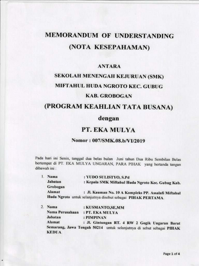 MoU SMK Miftahul Huda Ngroto | PDF