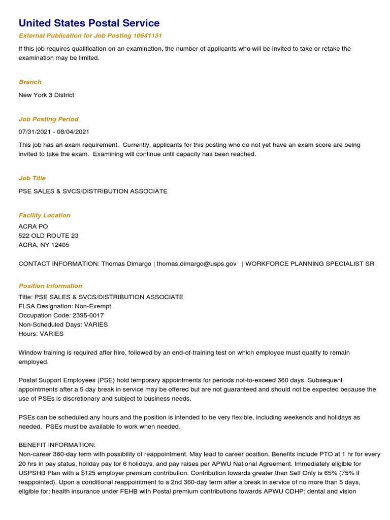 USPS Job Posting: PSE Sales Associate | PDF | United States Postal ...