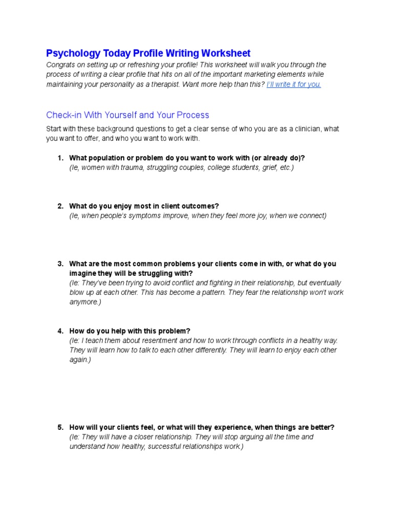 Psychology Today Profile Writing Worksheet: Check-In With Yourself and ...