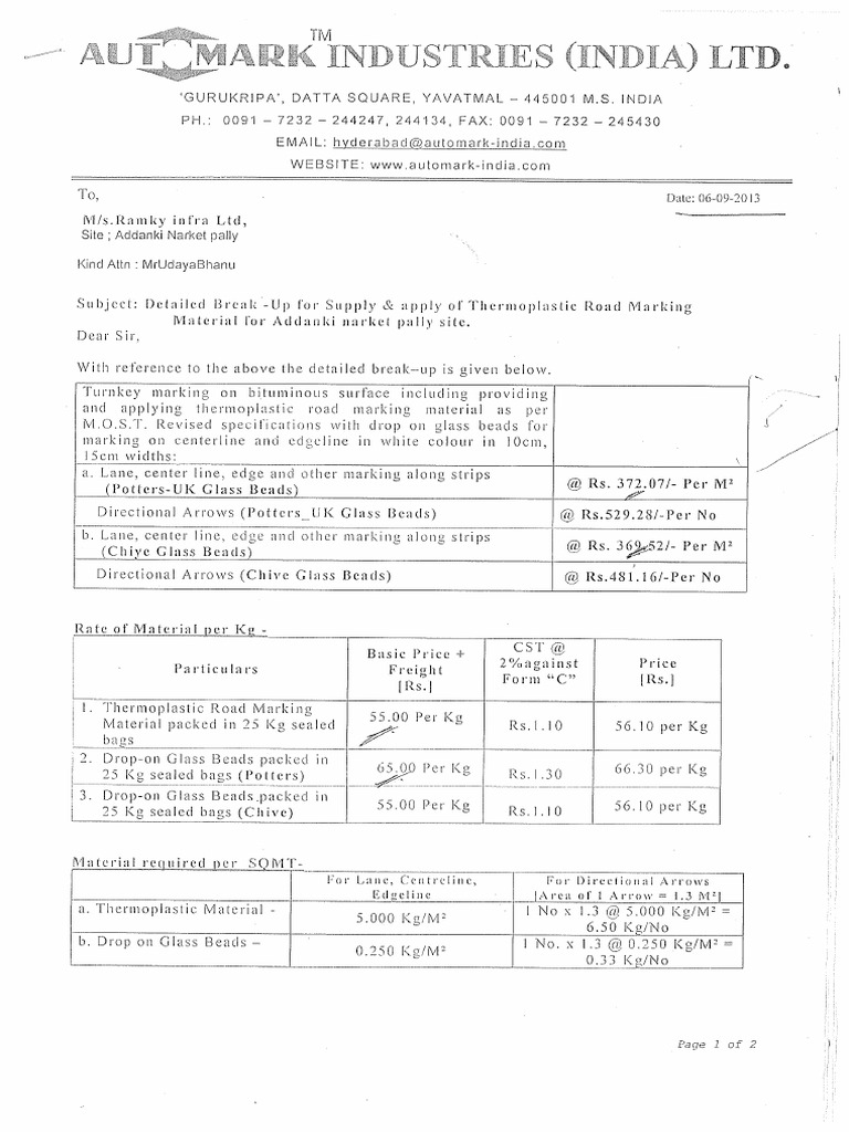 Auto Mark Quotation For Road Marking | PDF