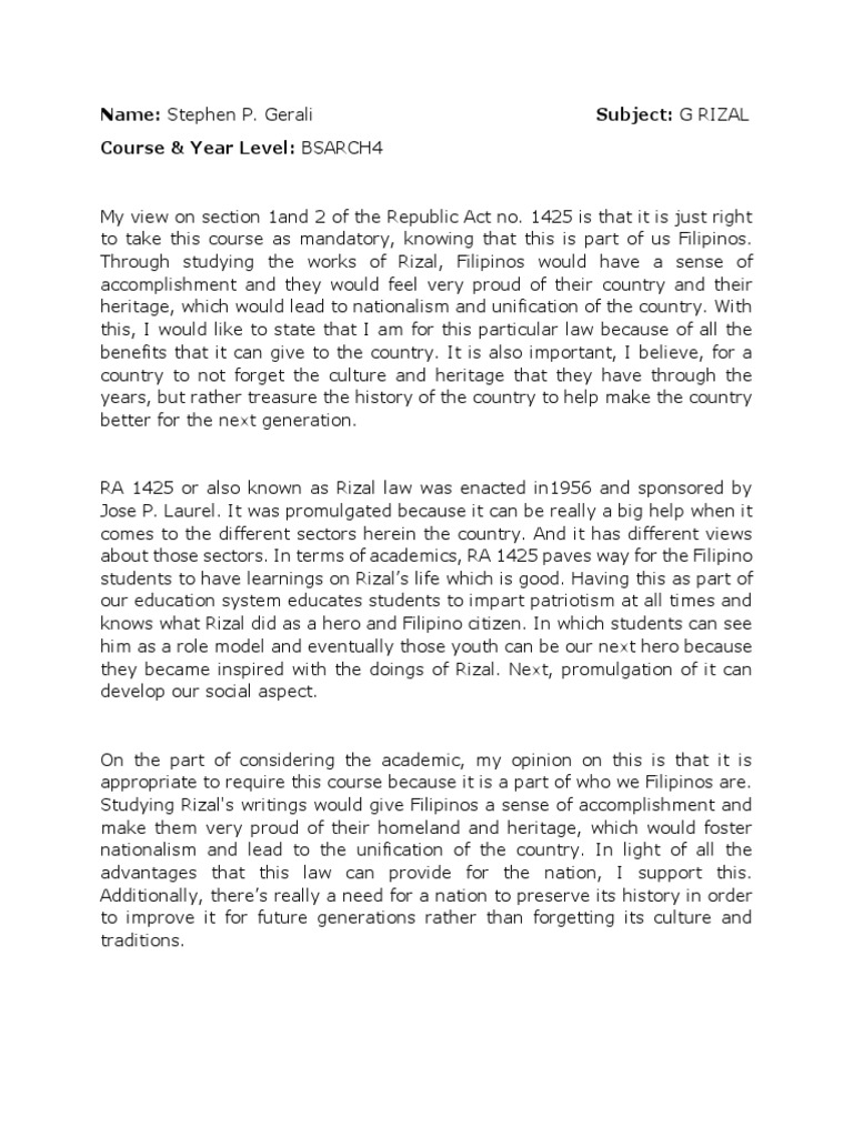 G RIZAL Essay by Stephen P. Gerali BSARCH4 | PDF | Politics | Foreign ...