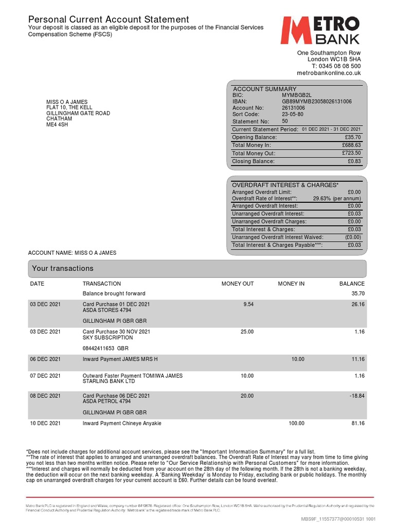 Metro Bank Overdraft Information Summary | PDF | Overdraft ...