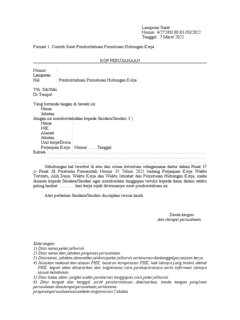 Format Surat Pemutusan Hubungan Kerja | PDF