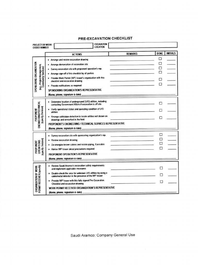 Pre-Excavation Checklist | PDF