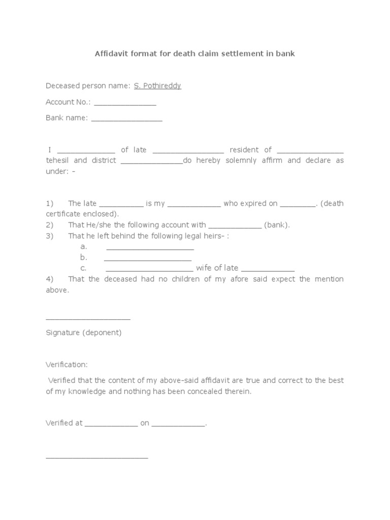 Affidavit Format For Death Claim Settlement in Bank | PDF | Law