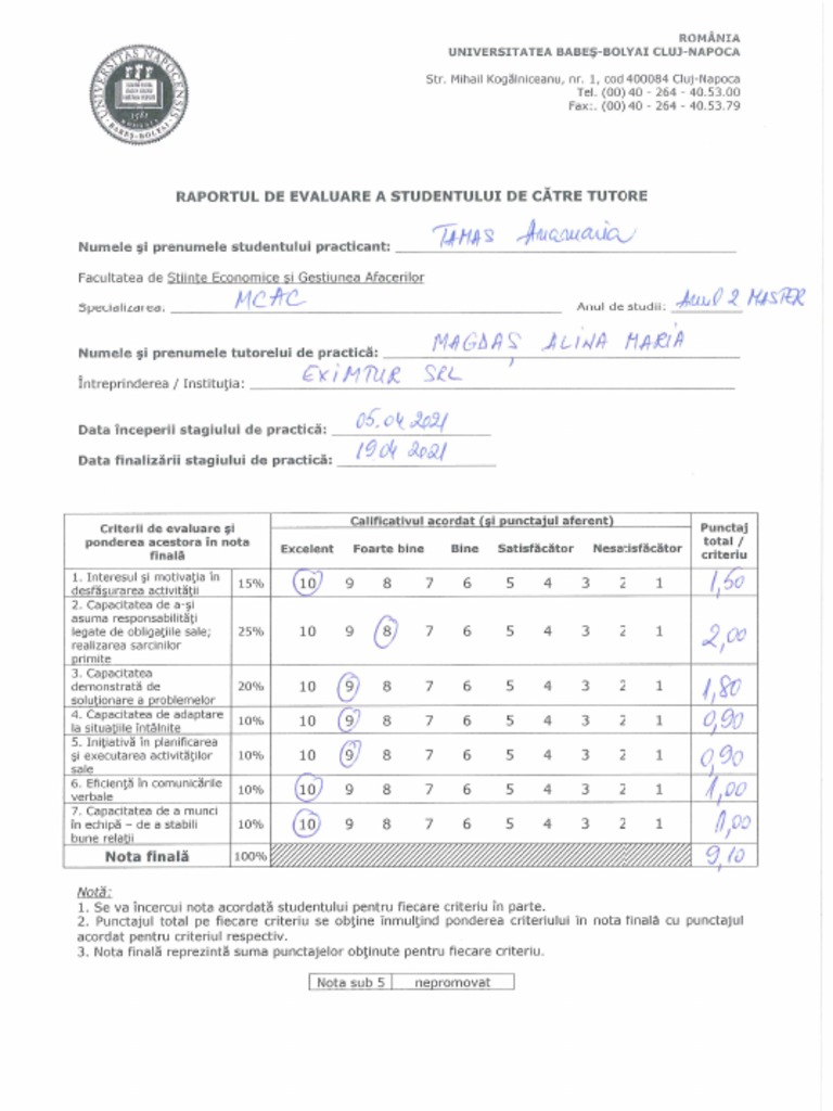 Raport de Evaluare de Catre Tutore | PDF