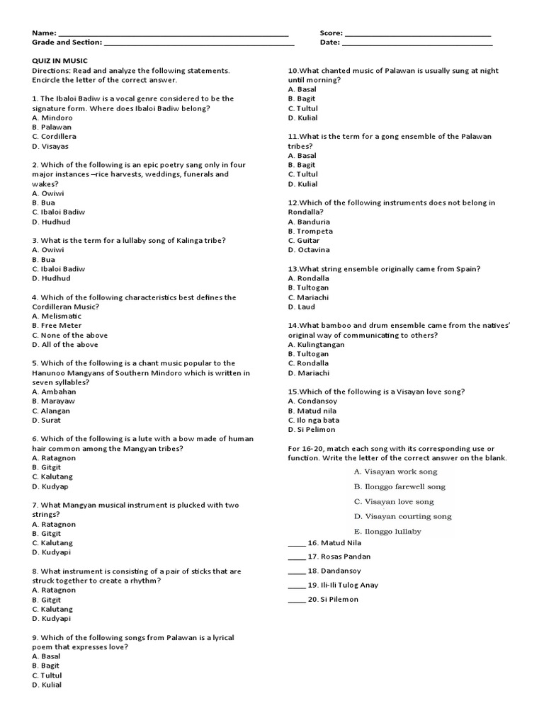 Music Quiz Grade 7 | PDF | Performing Arts | Musical Instruments