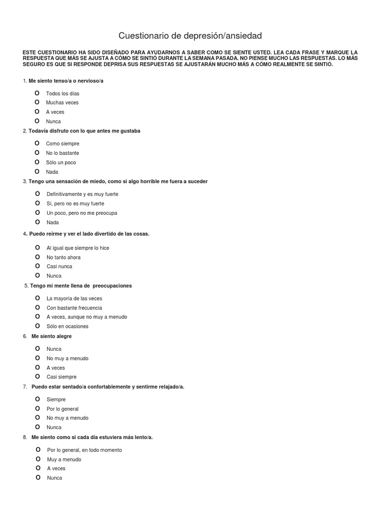 Cuestionario Depresión Ansiedad | PDF