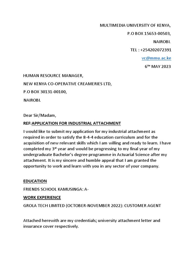Application For Industrial Attachment KCC - 073437 | PDF | Insurance ...