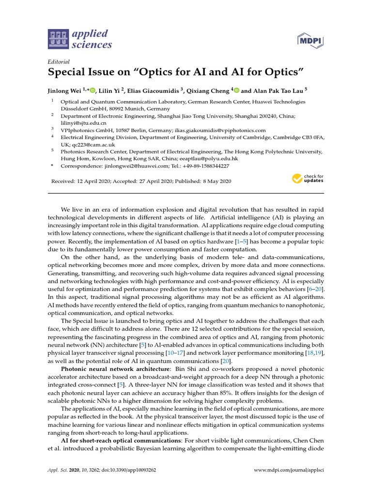 Special Issue On "Optics For AI and AI For Optics" | PDF | Artificial Intelligence ...
