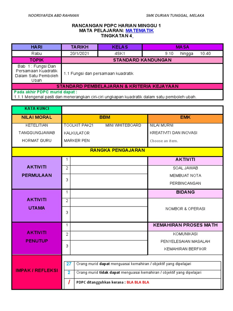 RPH Noorsyafiza Abdrahman Maths Form4 KSSM | PDF