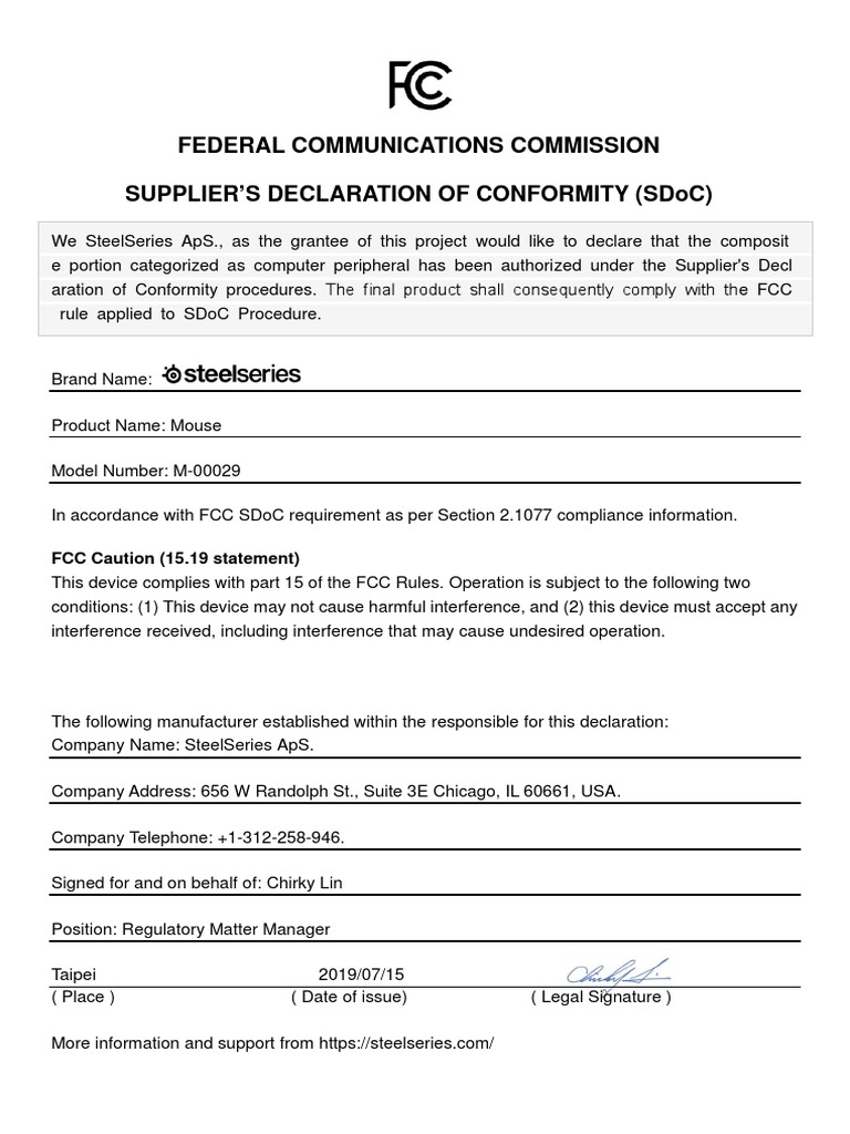 FCC SDOC - Sensei Ten - M-00029 - 20190715 | PDF
