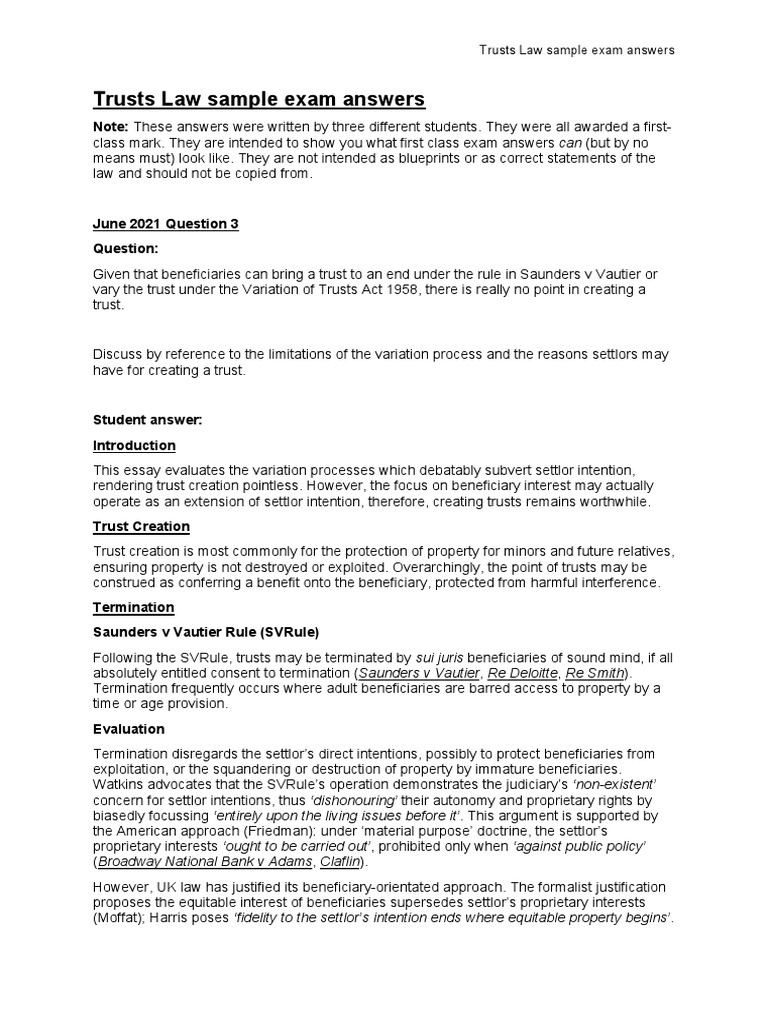 Trusts Law Sample Exam Answers | PDF | Fiduciary | Trust Law