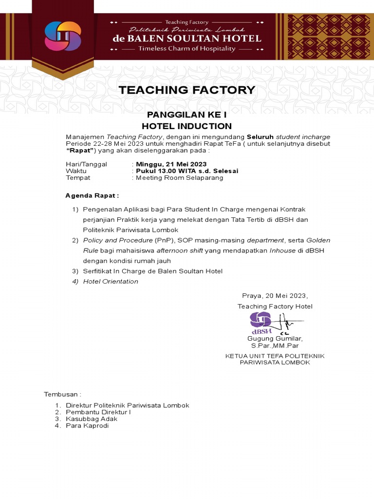 Hotel Induction periode 22-28 Mei 2023 | PDF