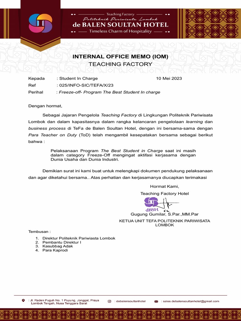 INTERNAL OFFICE MEMO Freeze Off The Best Student Incharge | PDF