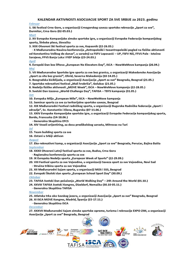 Kalendar Aktivnosti ASFAS Za 2023. Godinu | PDF