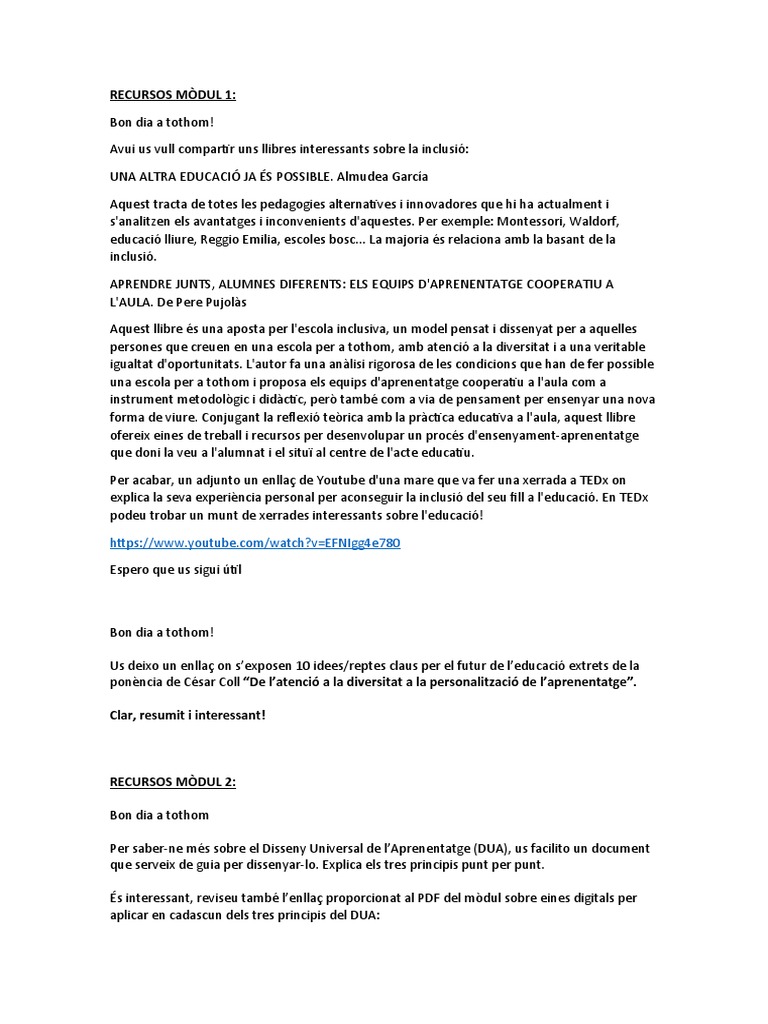 Inclusió Educativa I Transtorns D'aprenentatge - RECURSOS MÒDULS | PDF