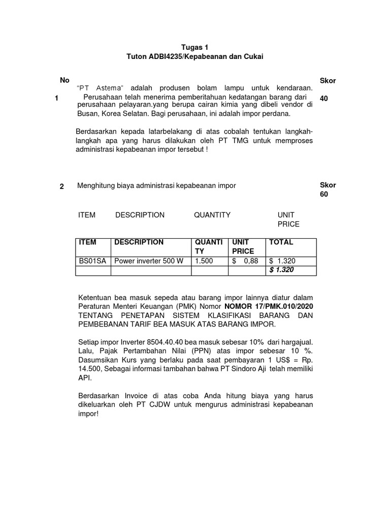 Kepabeanan Dan Cukai - Tugas 1 | PDF | Pengelolaan Keuangan & Uang