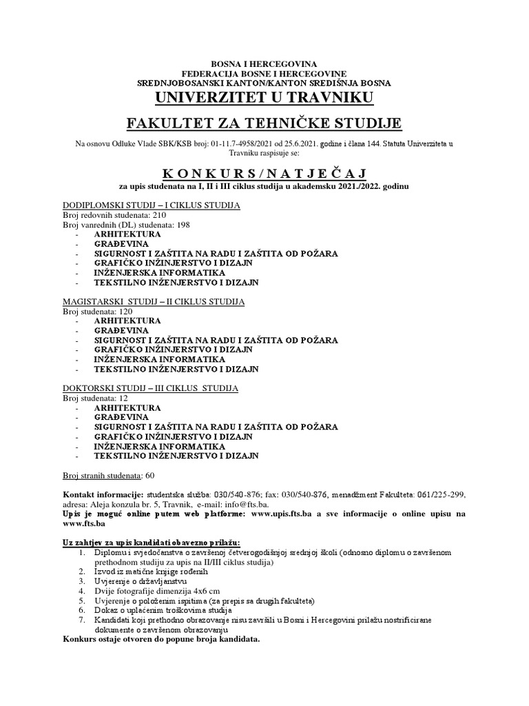 Konkurs Za Upis Studenata FTS 2021 2022 | PDF