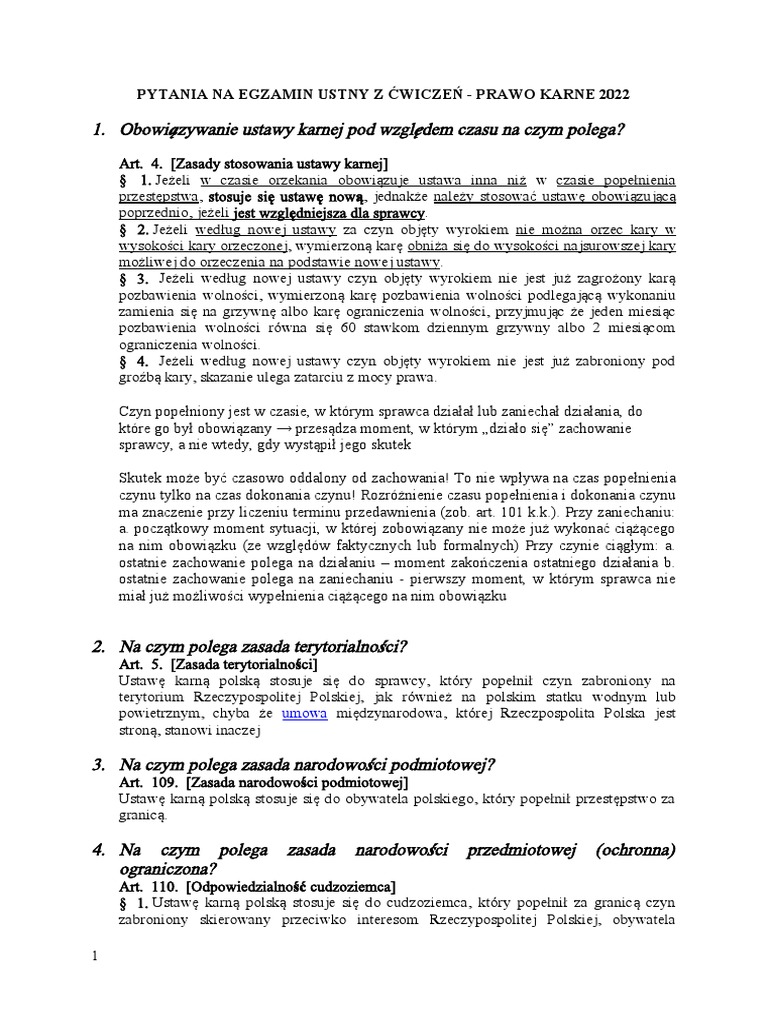 PYTANIA NA EGZAMIN USTNY Z ĆWICZEŃ - PRAWO KARNE 2022 | PDF