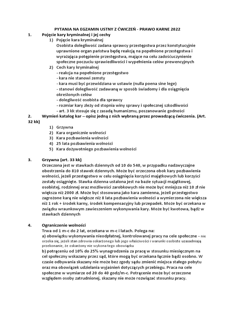 Pytania Na Egzamin Ustny Z Ćwiczeń - Prawo Karne 2022 | PDF