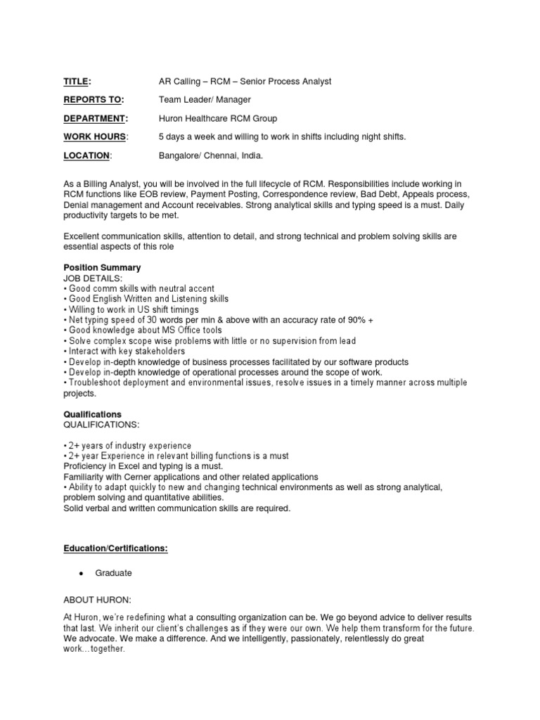 RCM-AR Senior Process Analyst - HURON | PDF | Employment | Discrimination