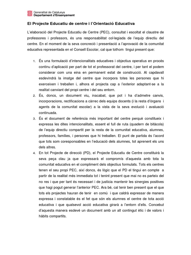 El Projecte Educatiu de Centre I L'orientació Educativa | PDF
