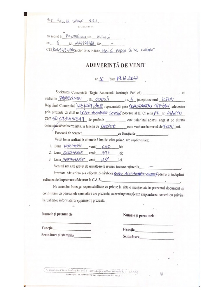 Adeverintà de Venit | PDF