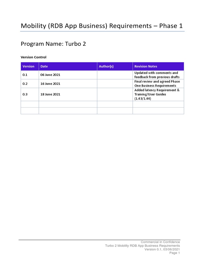 Turbo 2 - Mobility (RDB App Business) Requirements - Phase 1 v3 | PDF | Mobile App | Application ...