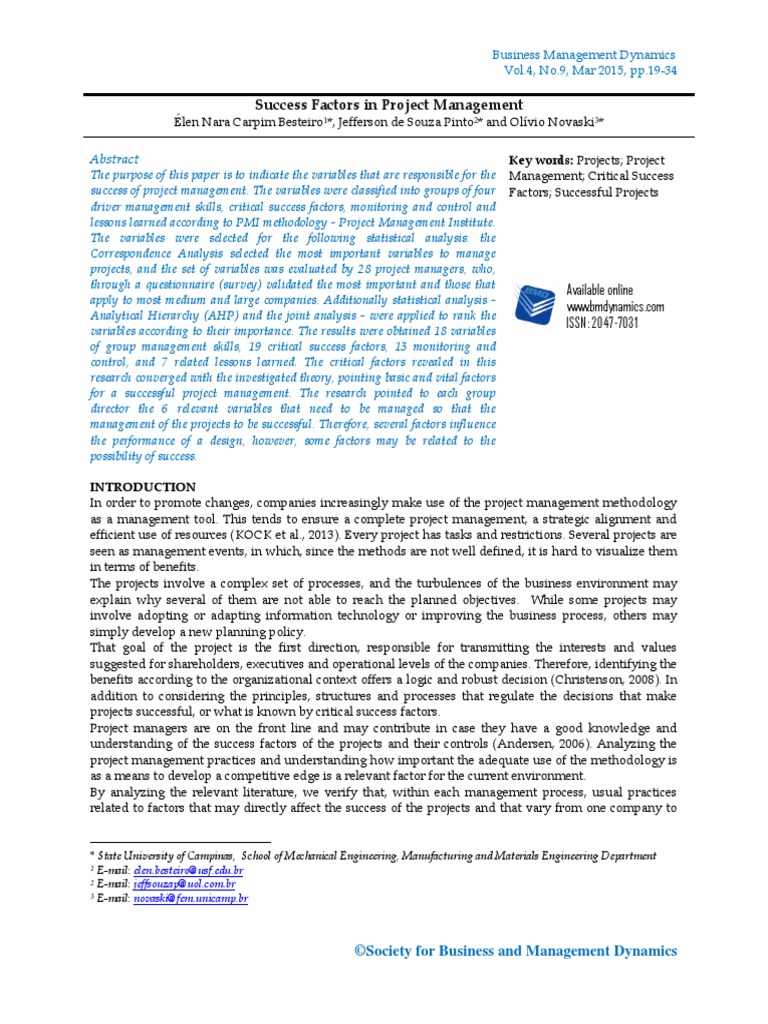 Success Factors in Project Management: Key Words: Projects Project ...