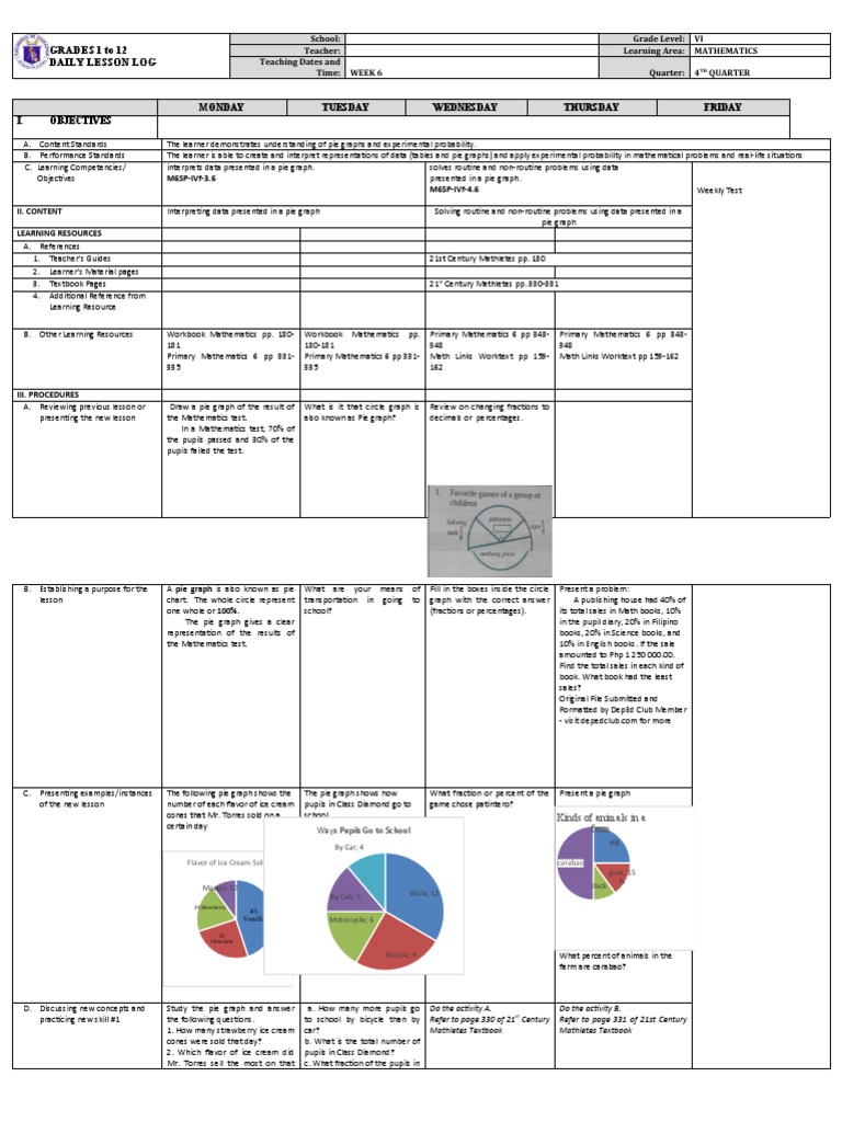 Grade 6 DLL MATH 6 Q4 Week 6 | PDF | Mathematics | Pie Chart