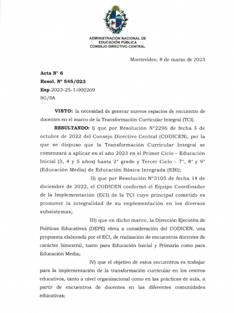 Transformación Curricular Integral Res. 545-023 Salas | PDF