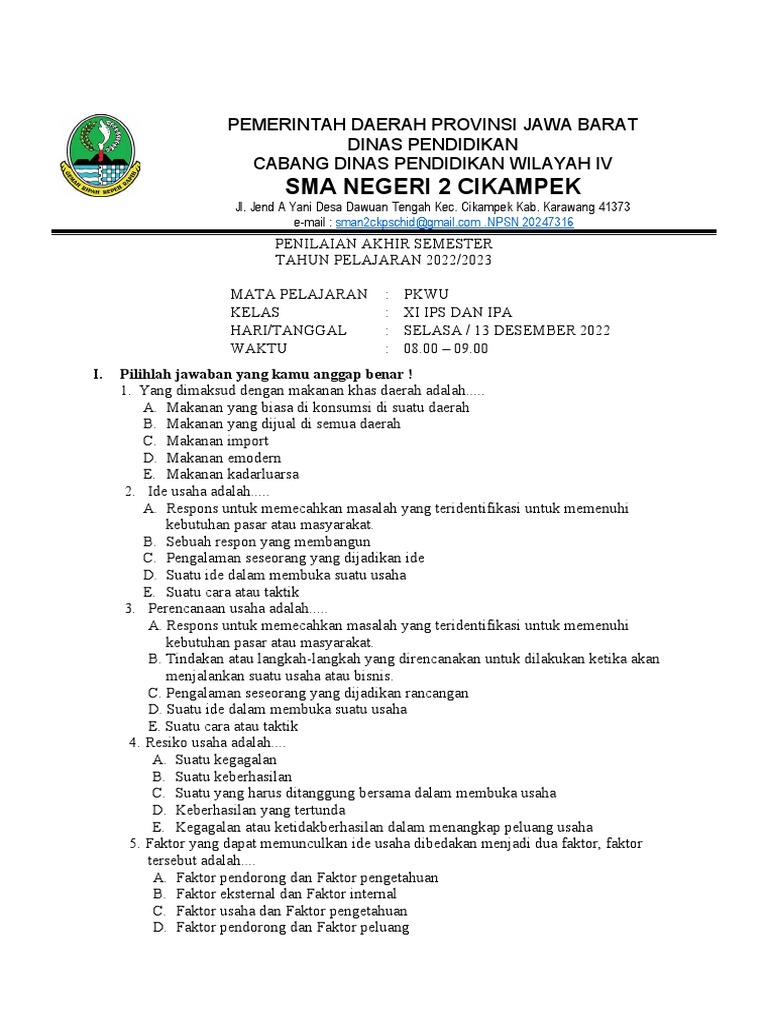 Soal Pas Pkwu 22-23 (Hard Copy) | PDF