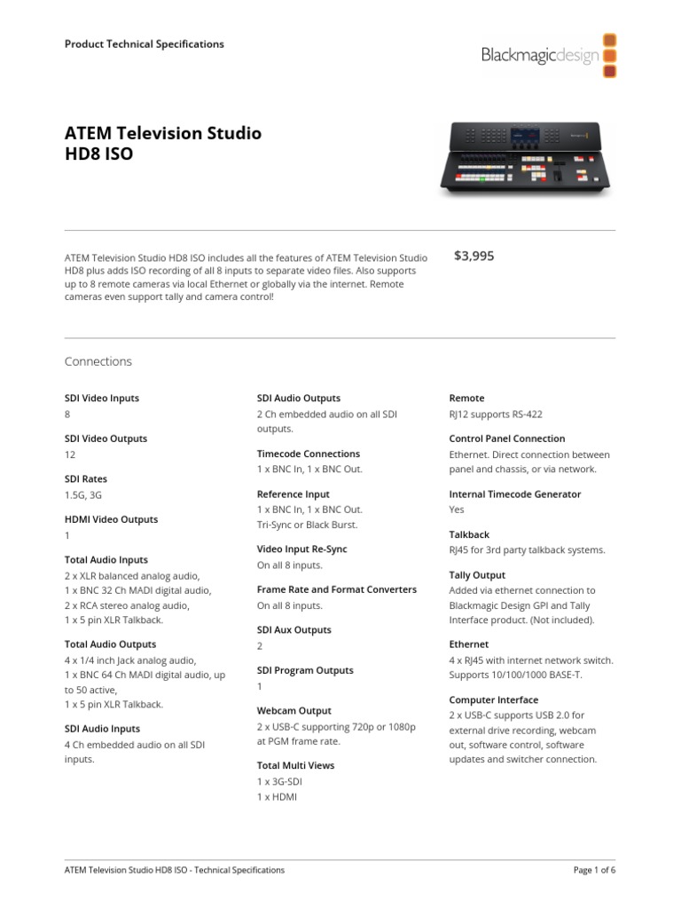 ATEM Television Studio HD8 ISO - Tech Specs - Blackmagic Design - Responsive | PDF | Digital ...