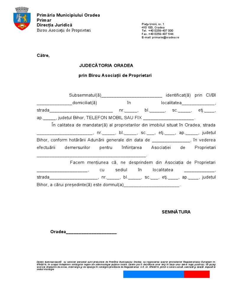Cerere Infiintare, Transformare Divizare Asociatii de Proprietari | PDF