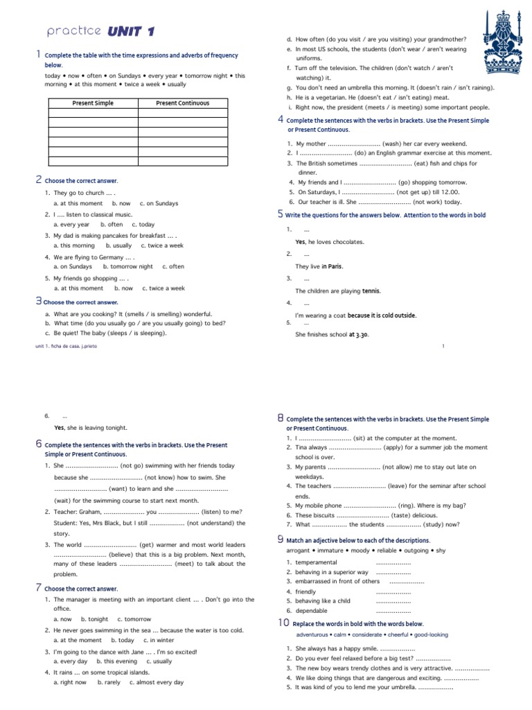 Below.: Complete The Table With The Time Expressions and Adverbs of ...