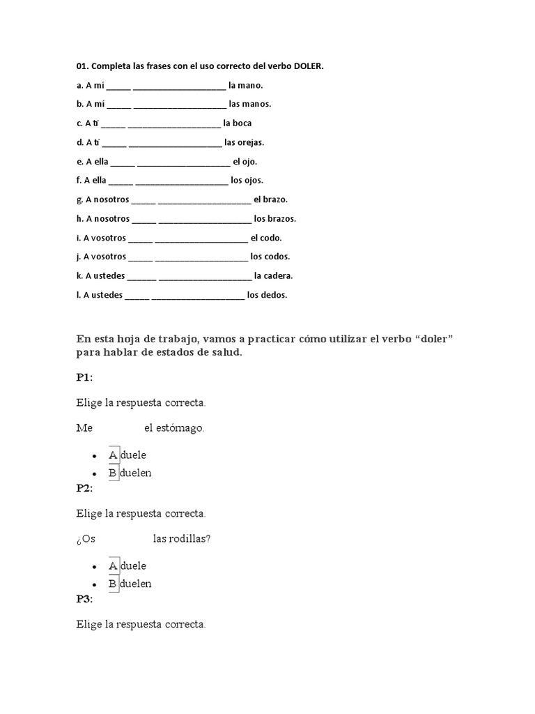 Ejercicios VI Ejercicios Con El Verbo DOLER | PDF