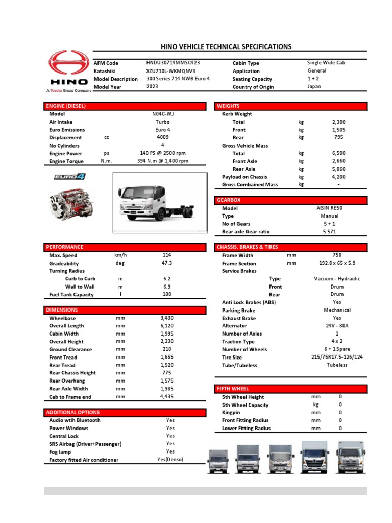 Hino 300 714 Euro 4 Specifications | PDF | Truck | Axle