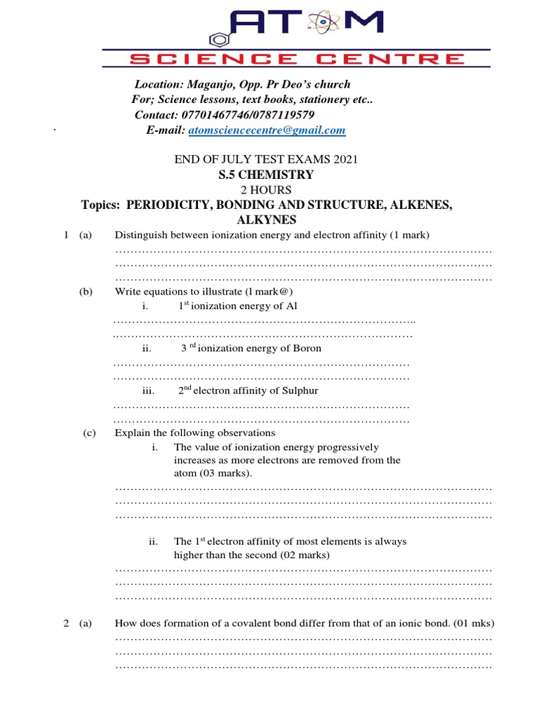 S5 Chemistry Exam Questions 2021 | PDF | Chemical Bond | Physical Sciences