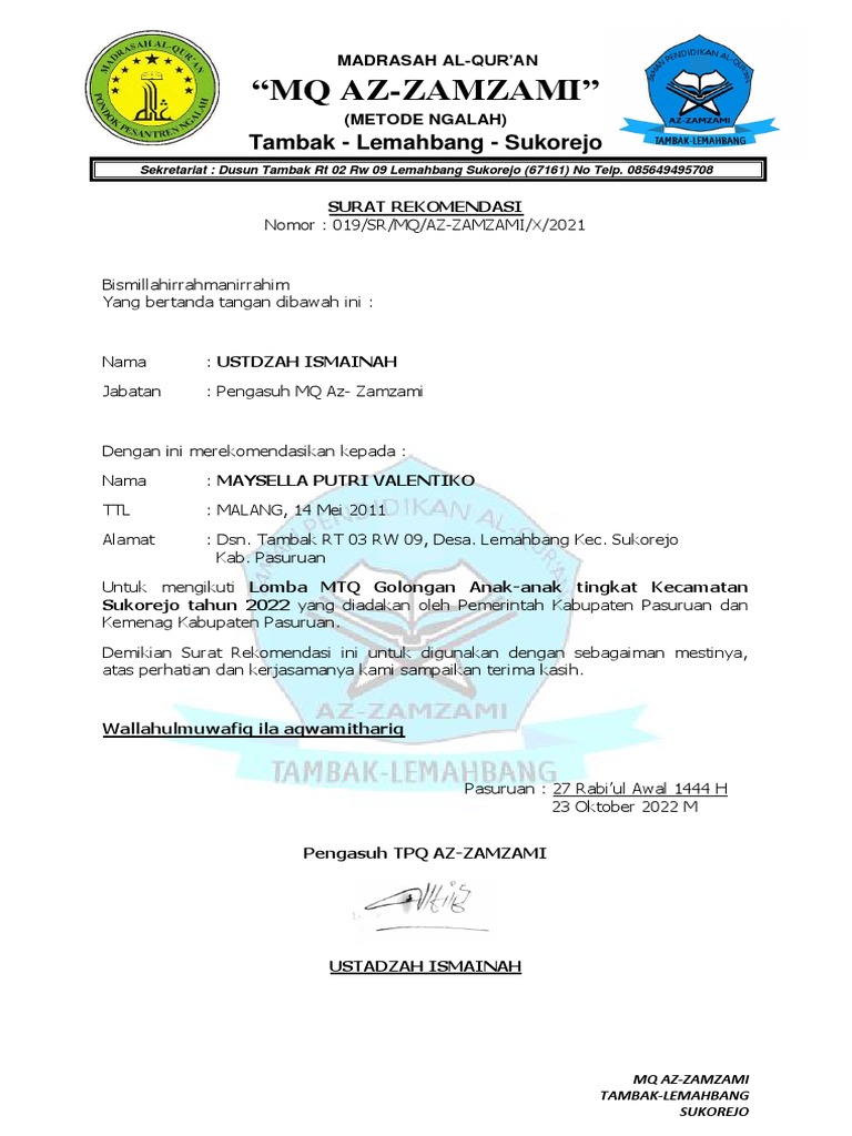 surat rekomendasi tpq madin | PDF