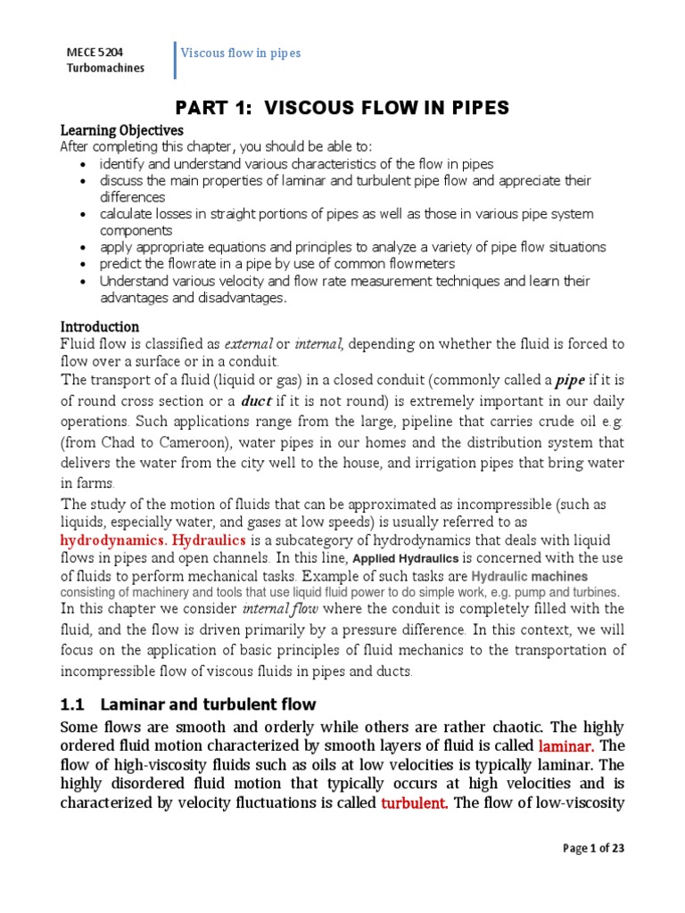 PART 1 VISCOUS Flow in Pipes 113837 | PDF | Fluid Dynamics | Reynolds ...