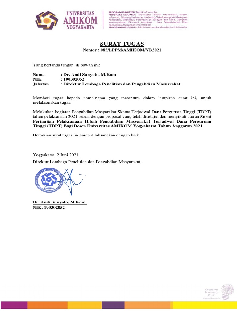 Surat Tugas Abdimas TDPT 2021 | PDF