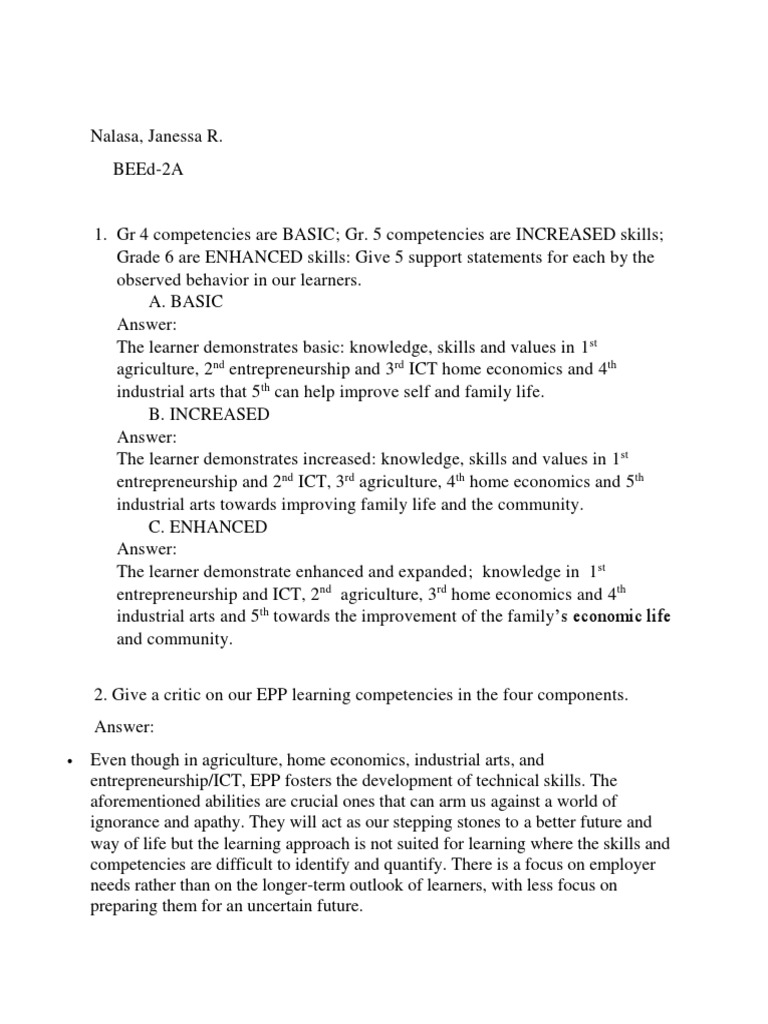 Gr. 4,5,6 Learning Competencies in EPP | PDF