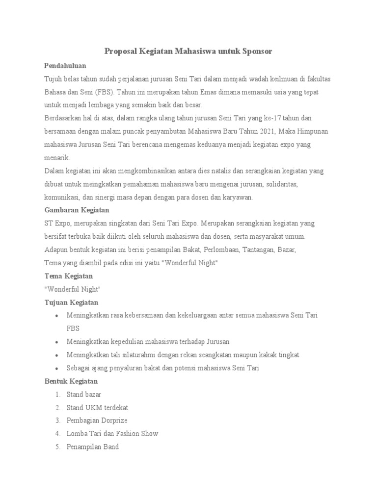 Proposal Kegiatan Mahasiswa Untuk Sponsor | PDF