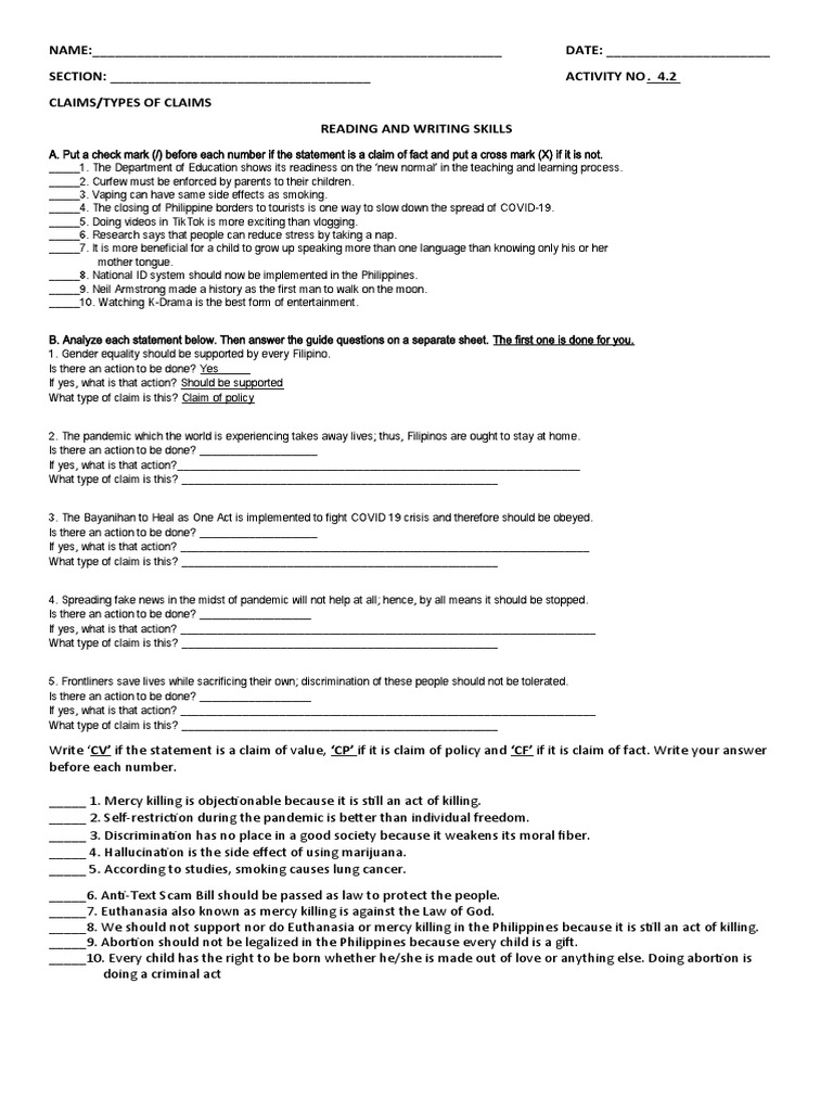 Raw Act 4.2 4TH Quarter Types of Claims | PDF | Social Science
