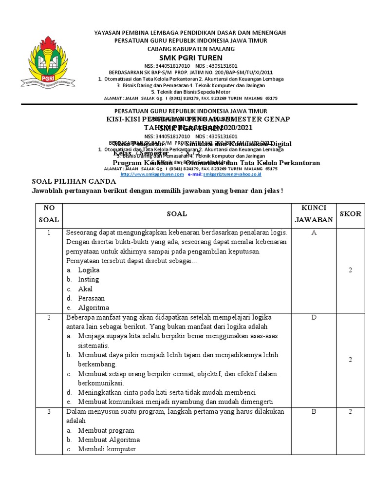 Soal Dan Kunci Simdig PTS Genap 2020-2021 | PDF | Komputer