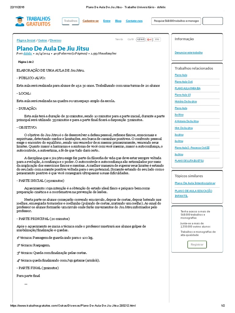 Plano de Aula de Jiu Jitsu | PDF | Jiu-jitsu