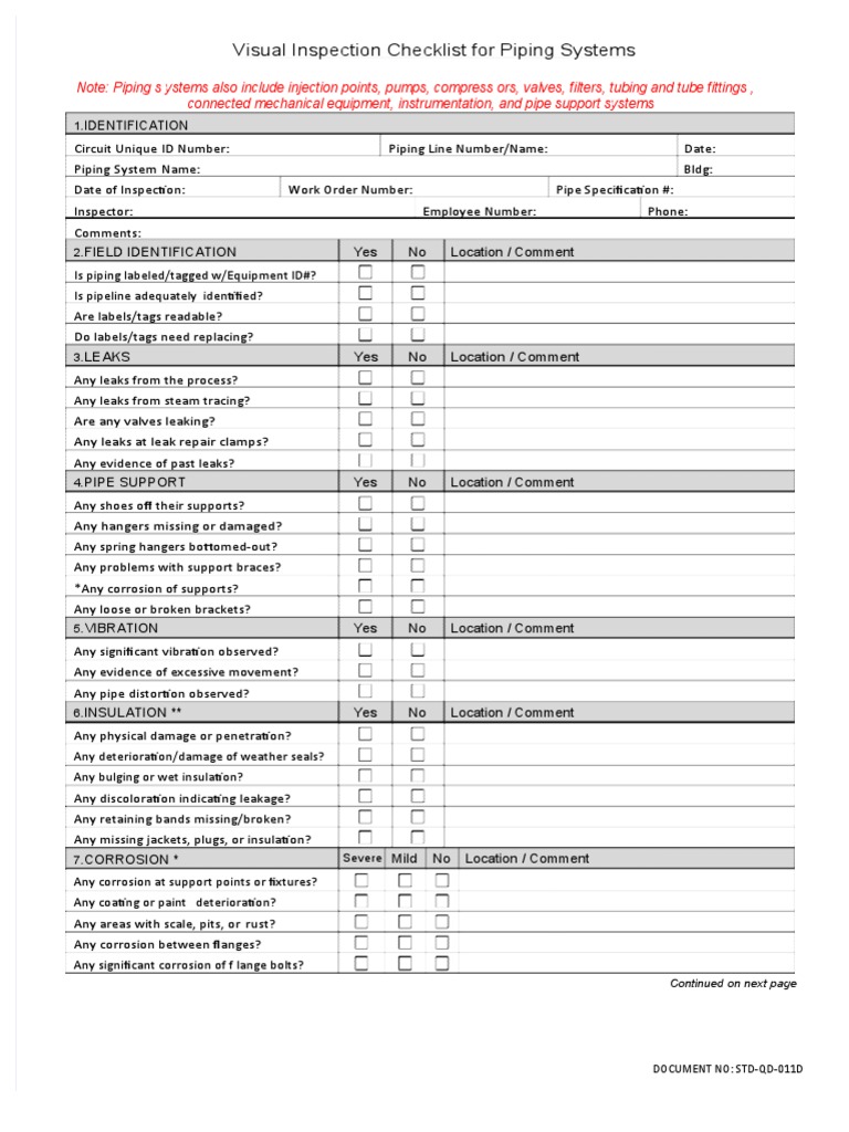 STD-QD-011D Visual Inspection Checklist Piping | PDF | Leak | Pipe (Fluid Conveyance)