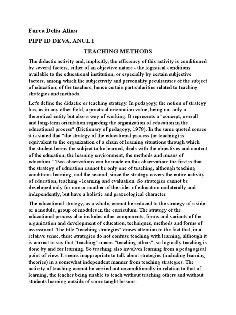 Teaching Methods Furca Delia-Alina | PDF | Thought | Learning